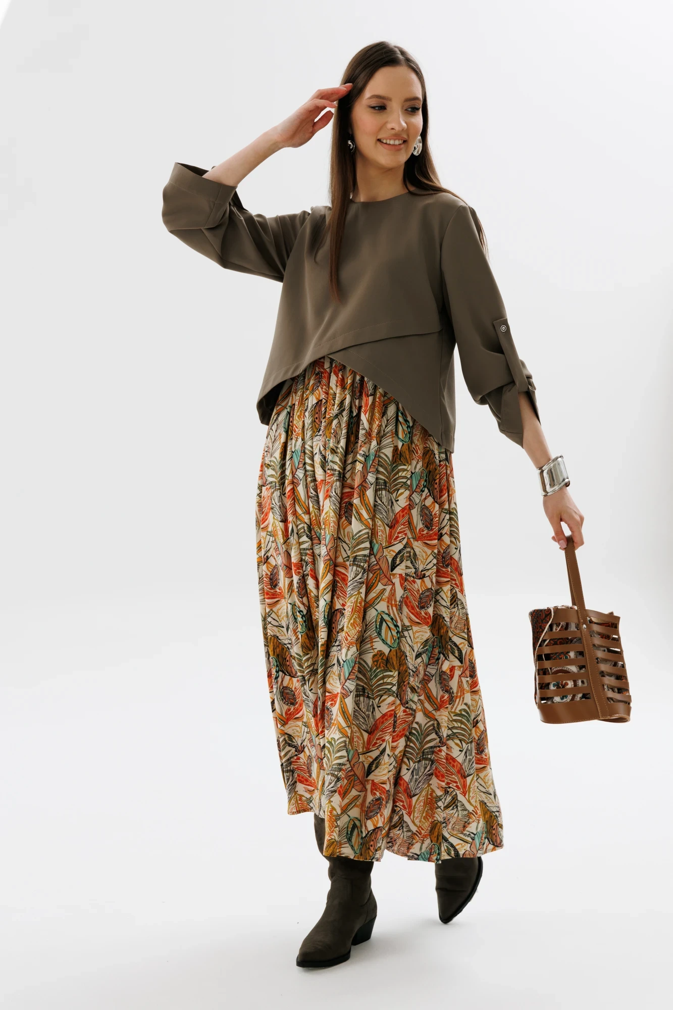 Платье NikVa н 740 -2 хаки+жёлтые листья размер 42-60, описание, отзывы (уже нет в продаже)