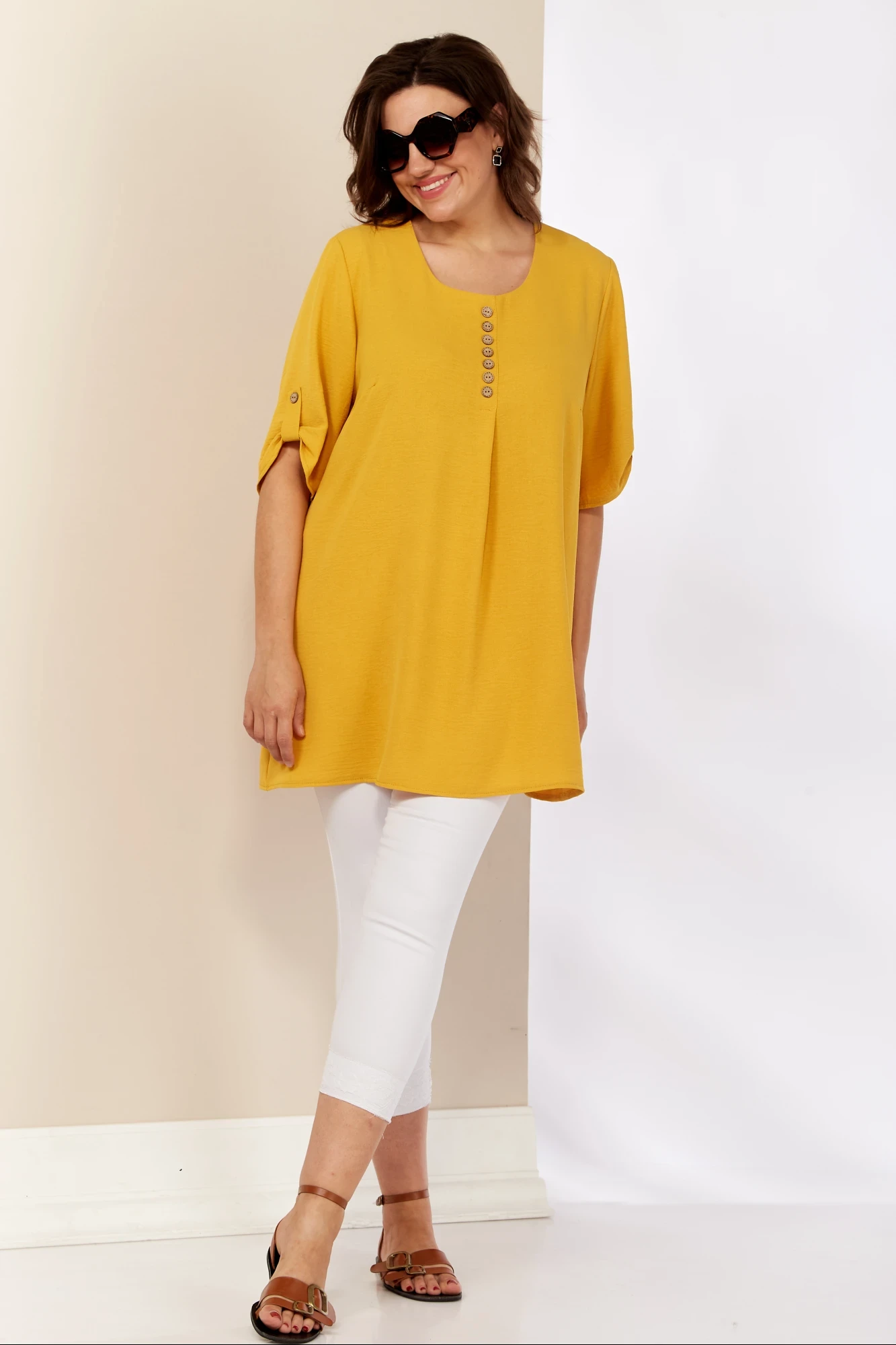 Блузка Shetti 4053 горчица размер 58-68, описание, отзывы