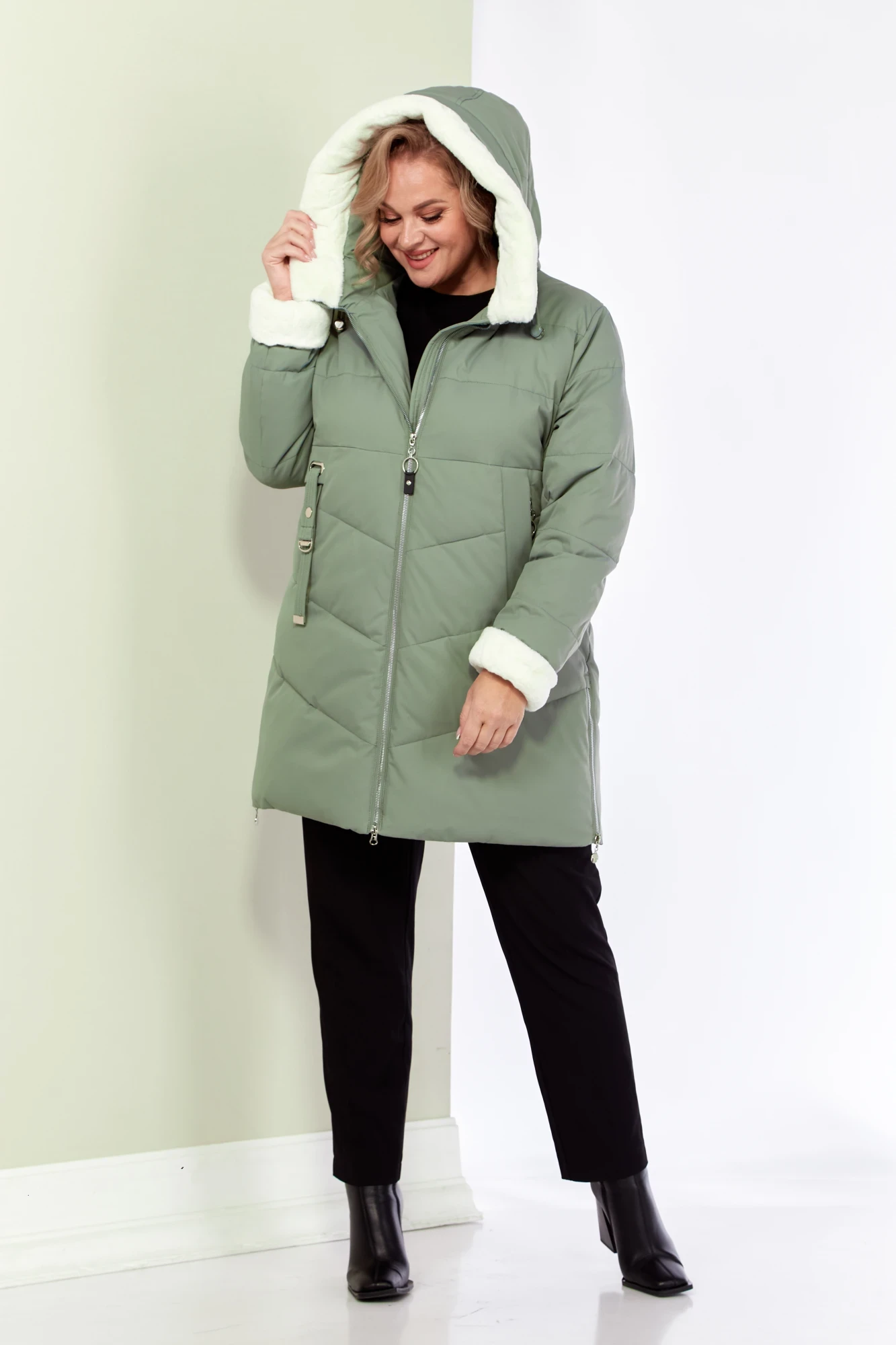 Женская зимняя куртка с мехом Shetti 2162 Фисташка размер 48-58 ...